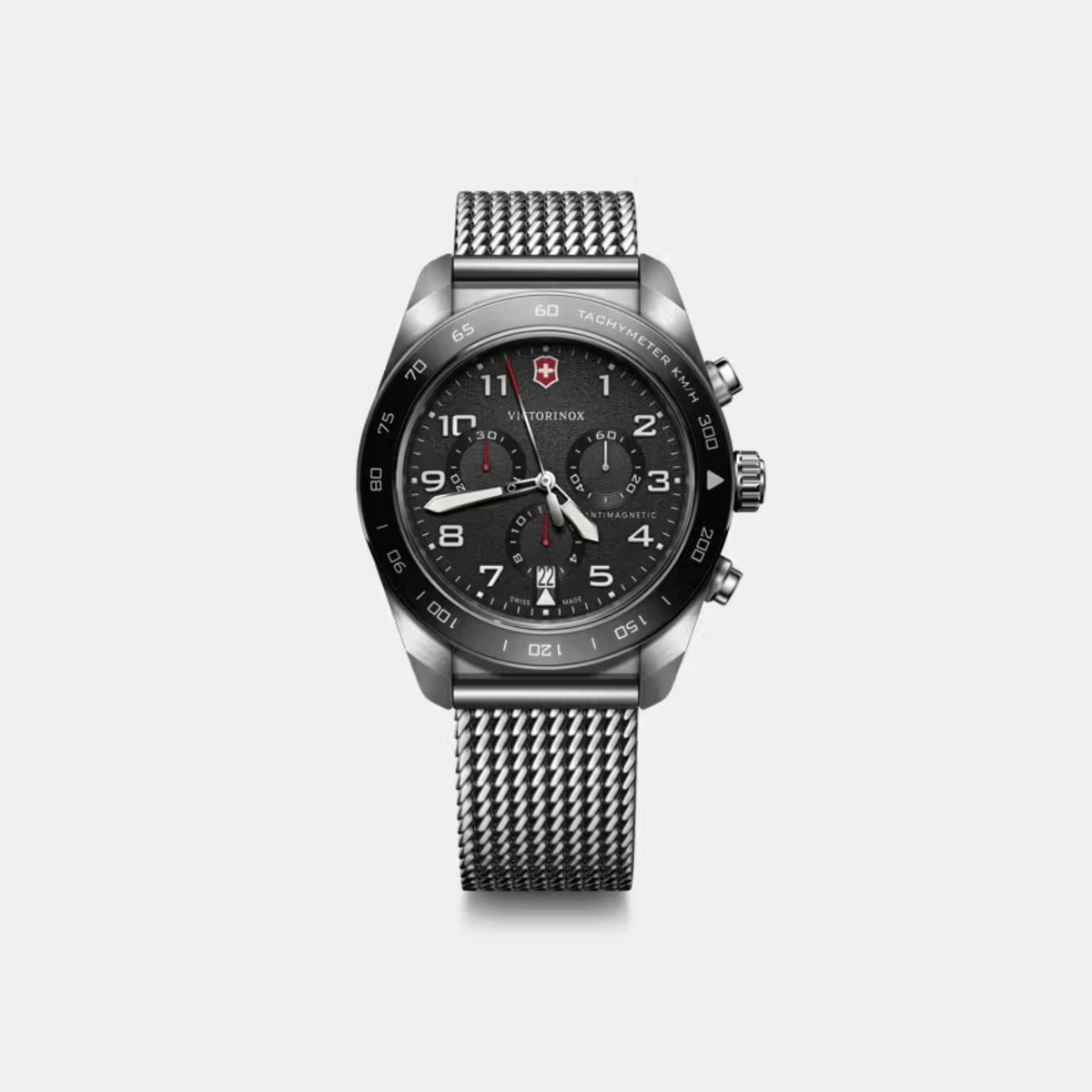 Victorinox Swiss Army Chronograph Matt Black Dial With Silver Mesh Bra ...